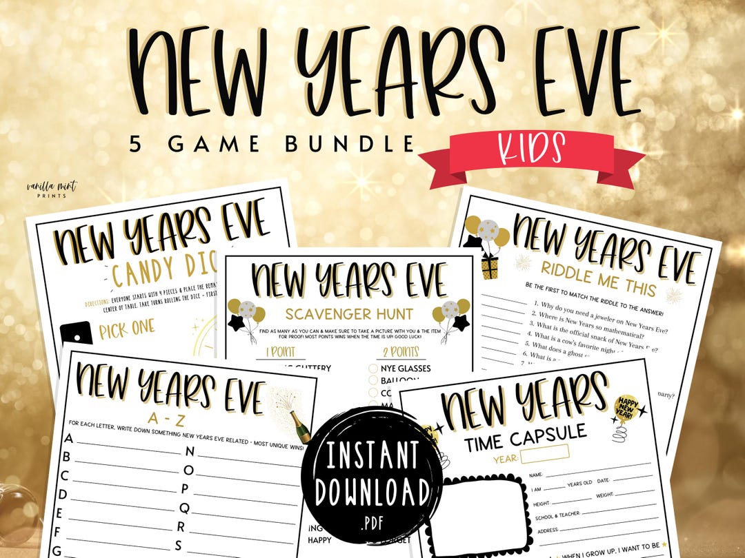 5 New Years Eve Kids Party Games BUNDLE | Printable New Years Game Pack ...