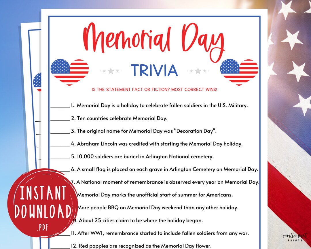 Memorial Day Trivia Game | Printable Memorial Day Party Games | America ...