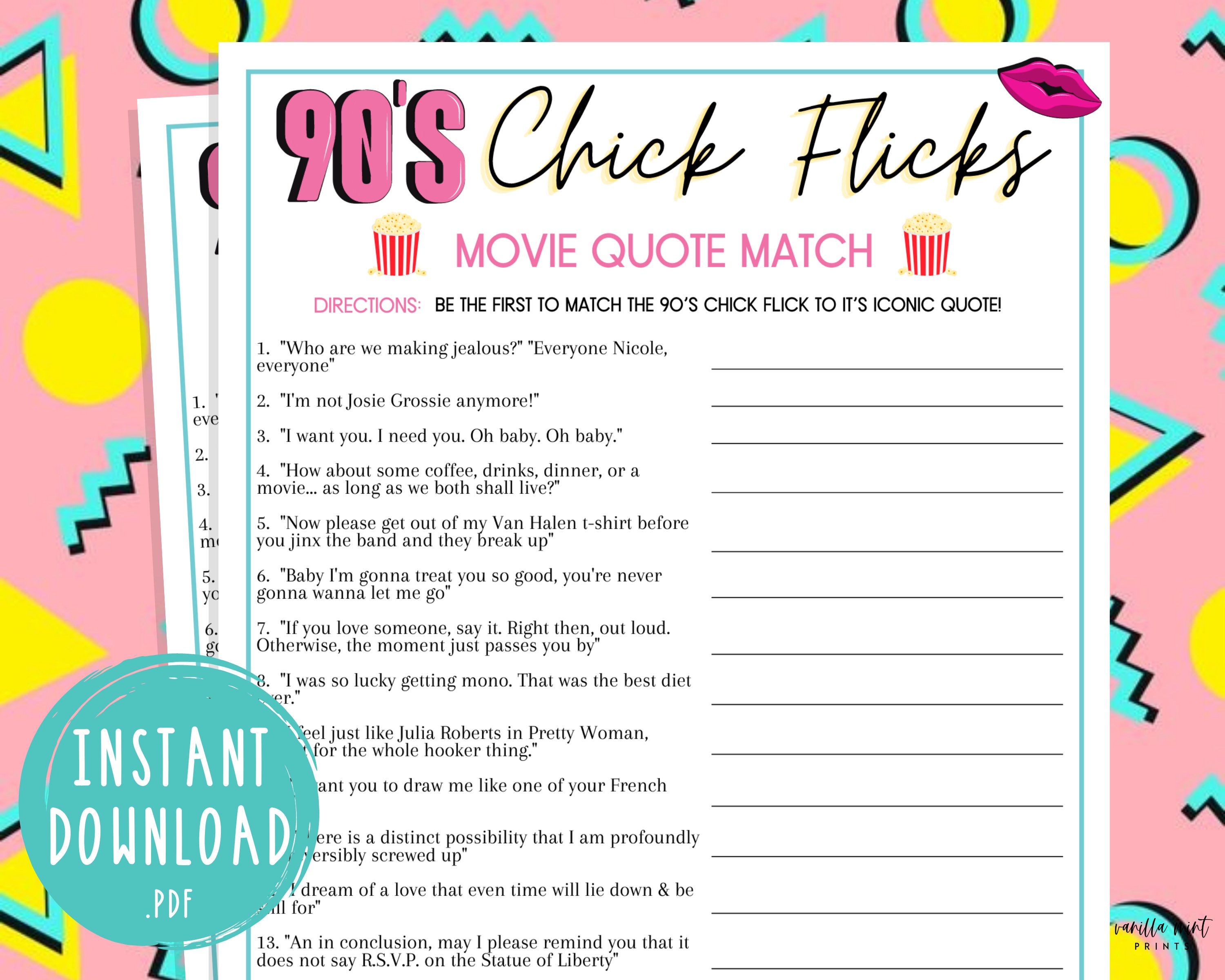 90's Chick Flick Trivia 1990's Rom Com Girls Night - Etsy
