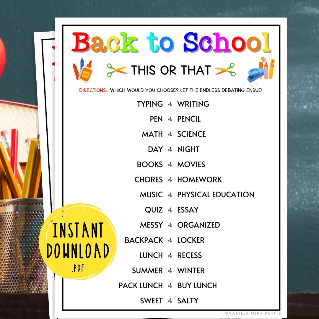 Back to School Game | This or That | First Day of School Activities ...