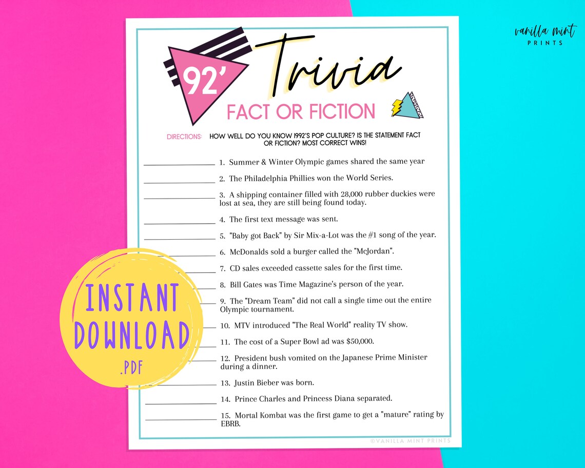 1992 Trivia 90s Pop Culture Trivia Fact or Fiction 30th - Etsy
