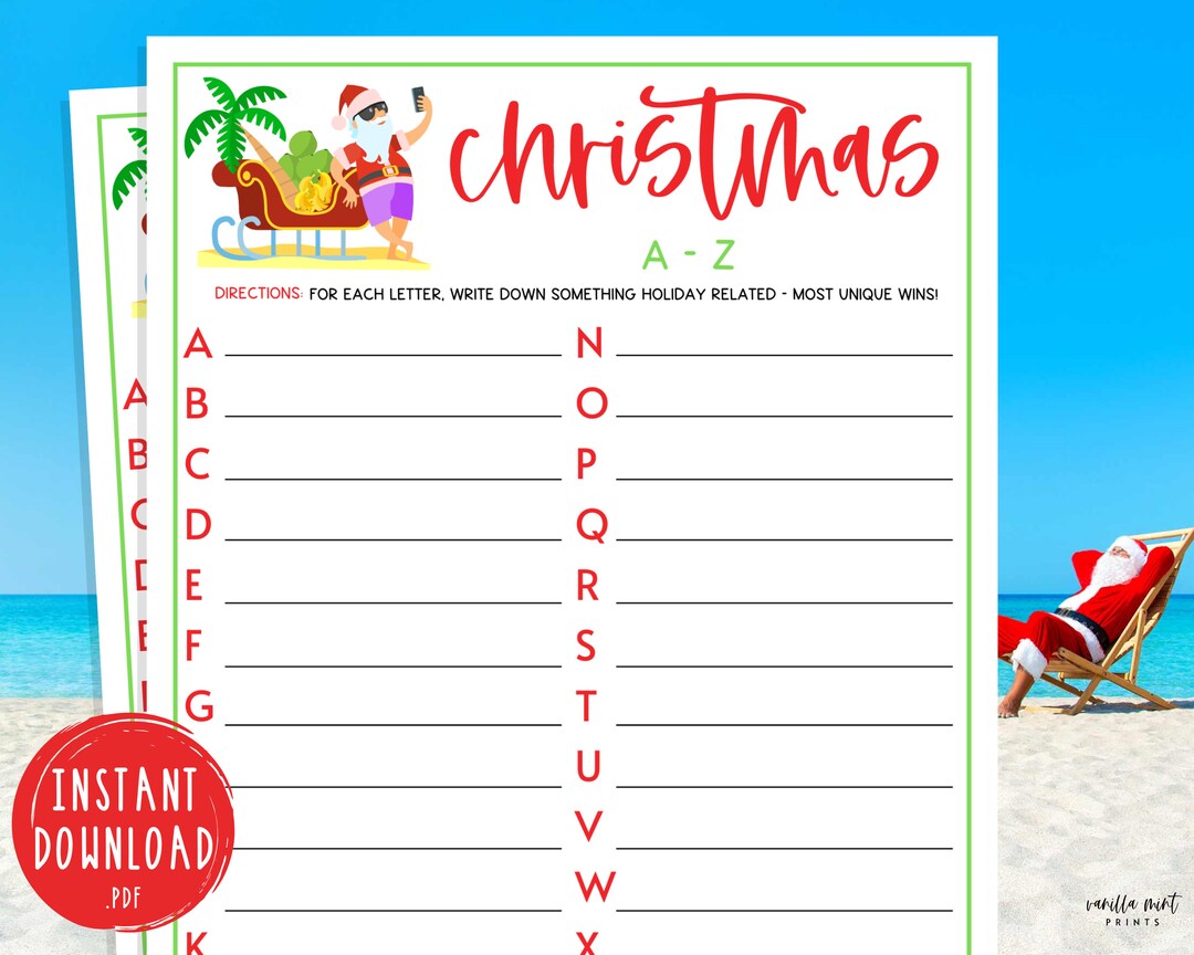 Christmas in July A - Z Word Puzzle Party Game | Beach Christmas ...