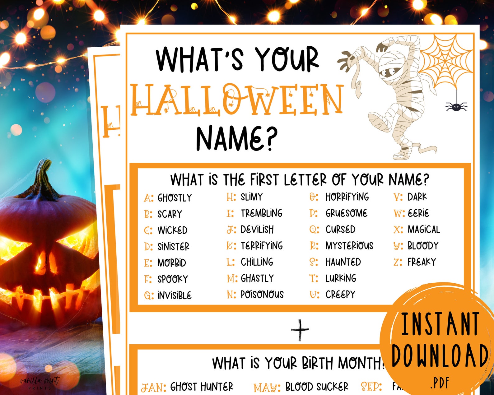 Whats Your Halloween Name Game Halloween Printable Games | Etsy