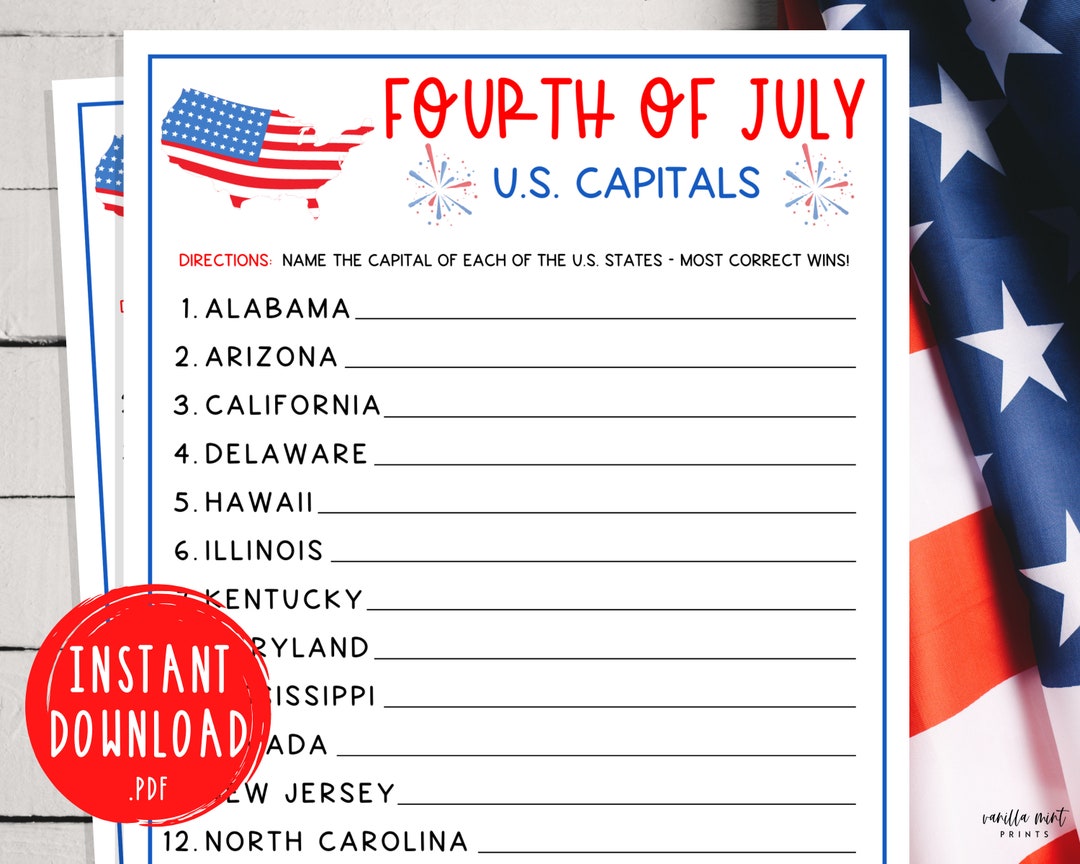 Fourth of July Name the U.S Capitals Game | 4th of July Printable Game ...