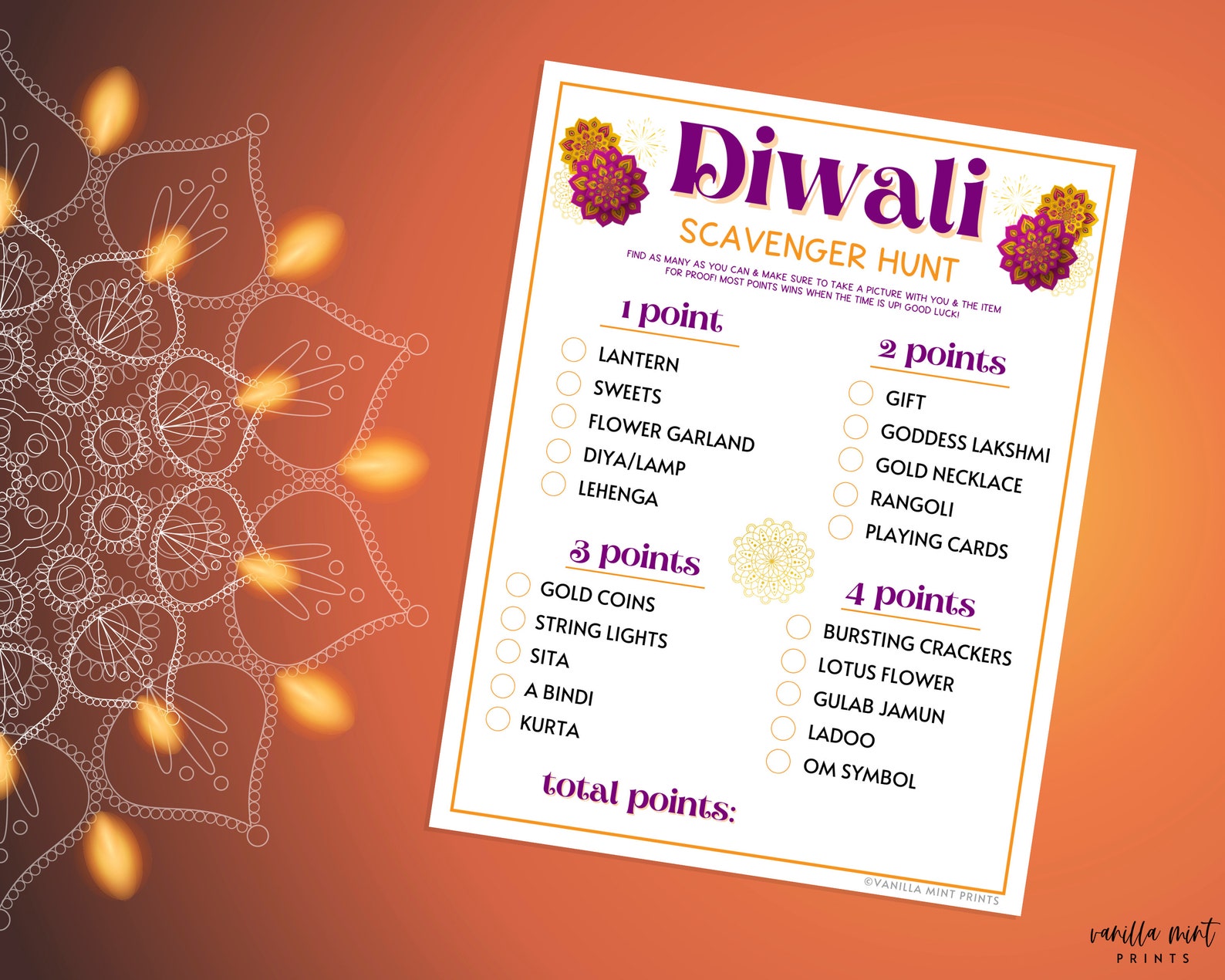 Diwali Scavenger Hunt Game Printable Festival of Lights - Etsy