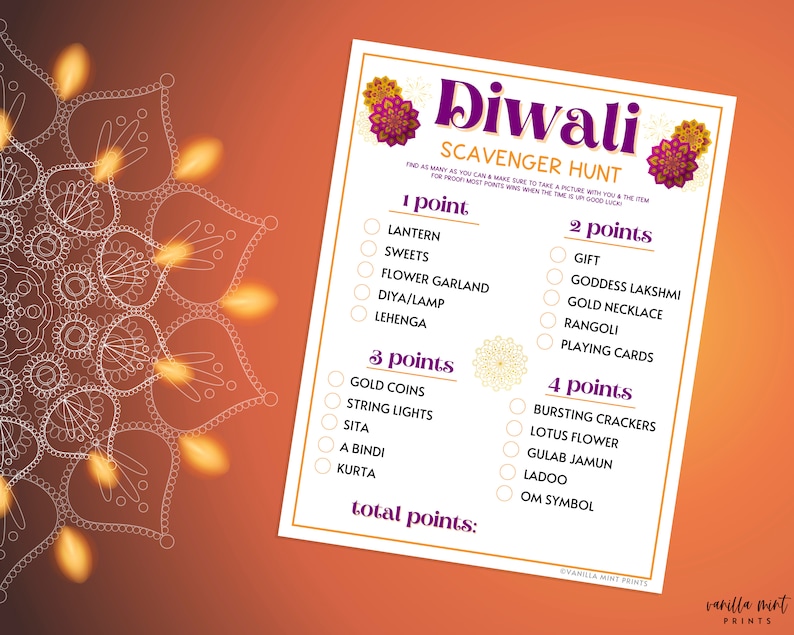 Diwali Scavenger Hunt Game Printable Festival of Lights - Etsy