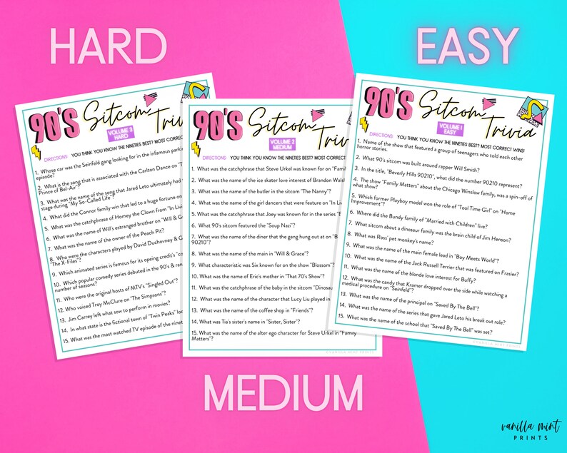1990's Trivia 90s TV Sitcom Trivia BUNDLE Three - Etsy