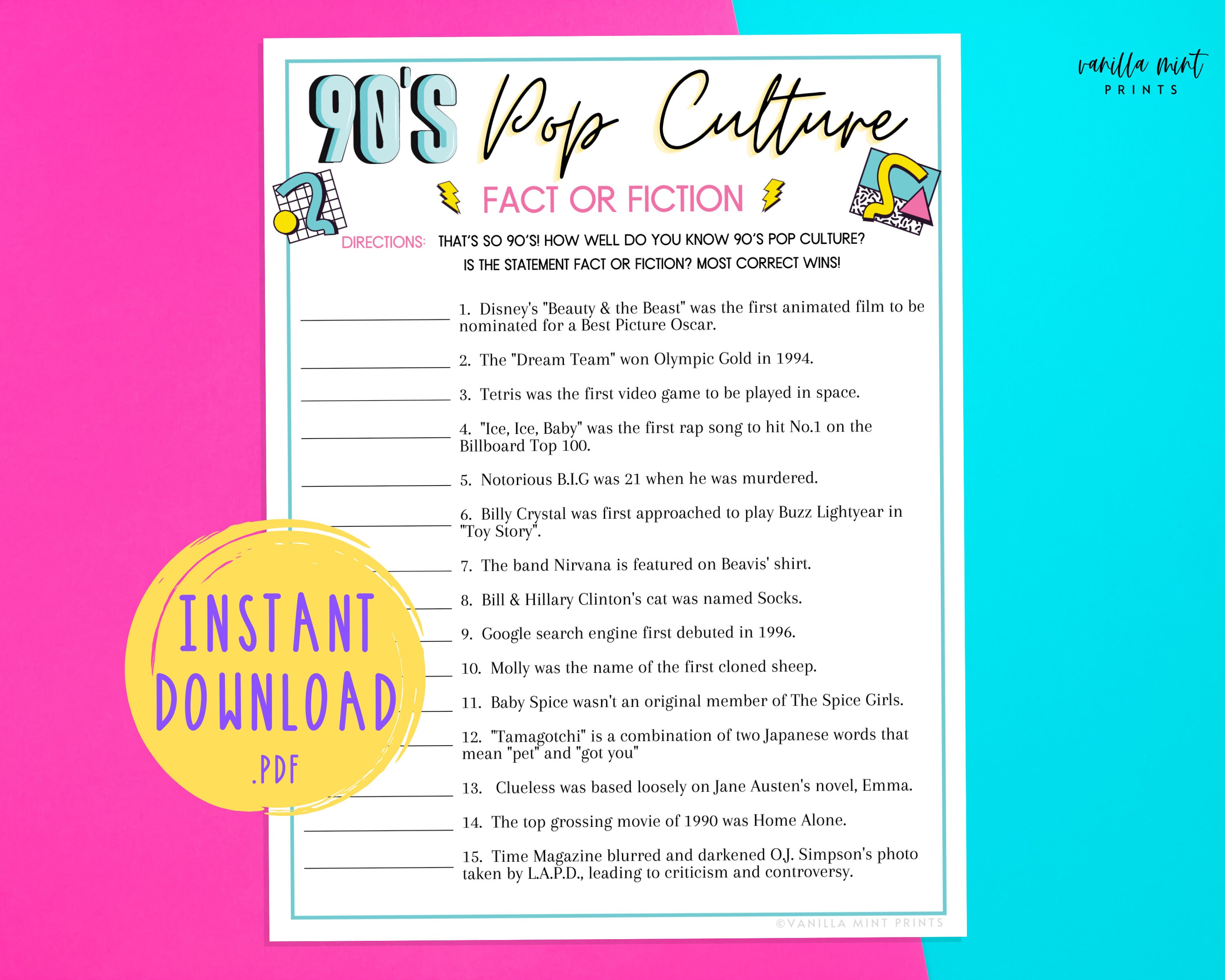 1990 s Trivia 90s Pop Culture Trivia Fact Or Fiction Etsy Canada