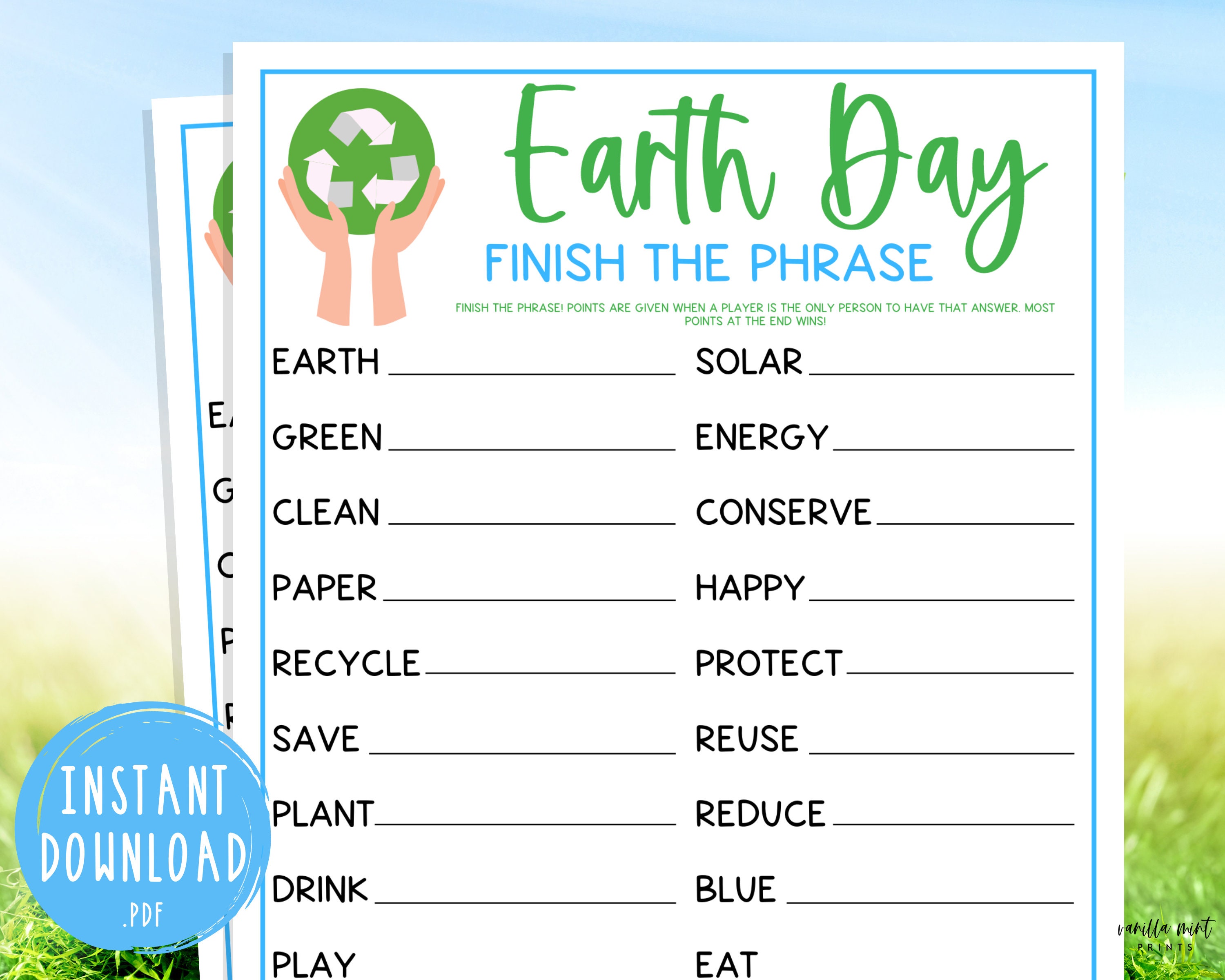 Earth Day Finish the Phrase Game Fun Printable Spring Games - Etsy