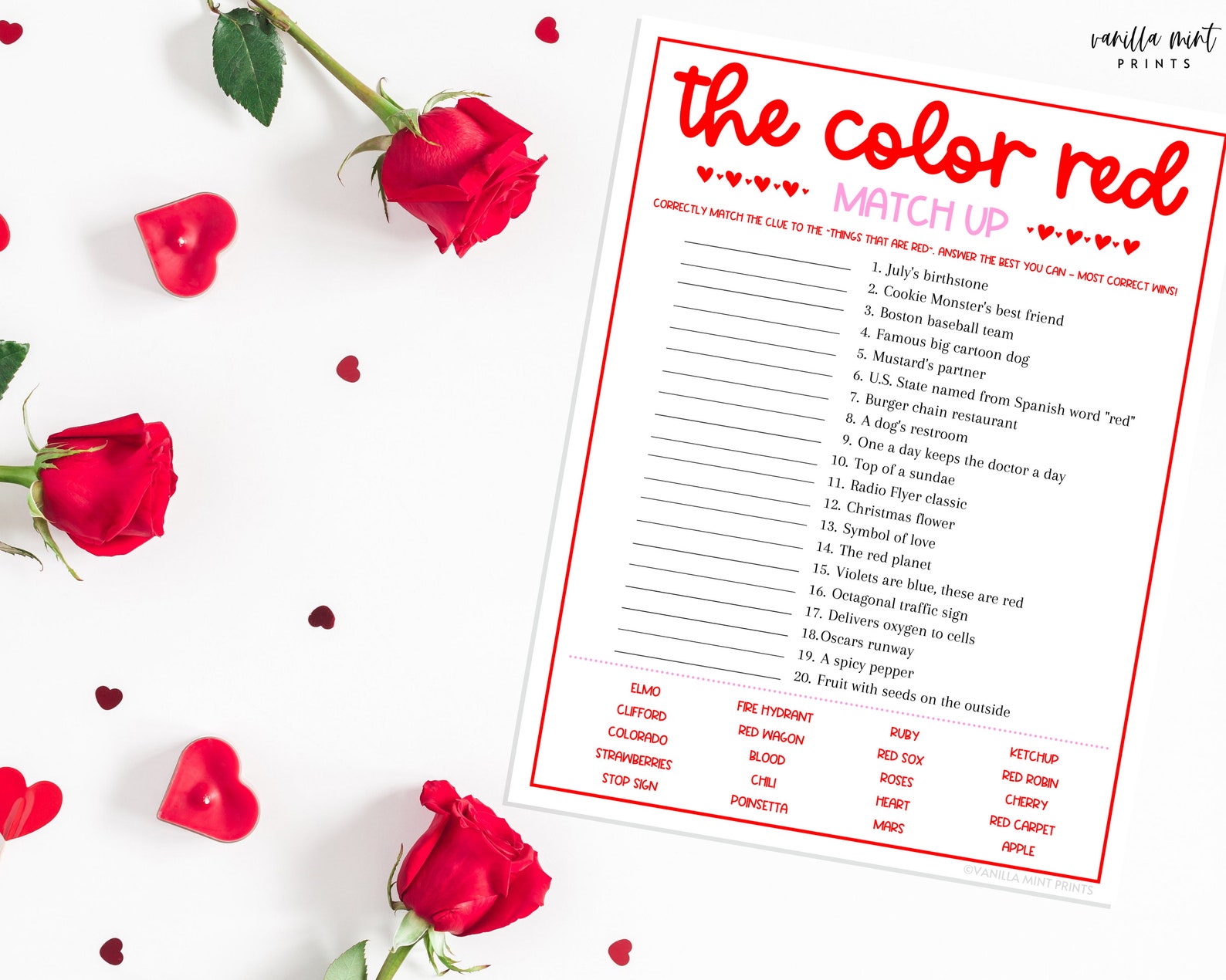 Valentine's Day the Color Red Game Valentine Printable - Etsy