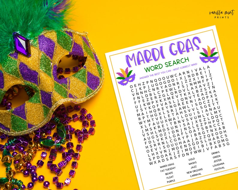 Mardi Gras Word Search Fat Tuesday Party Games Carnival - Etsy