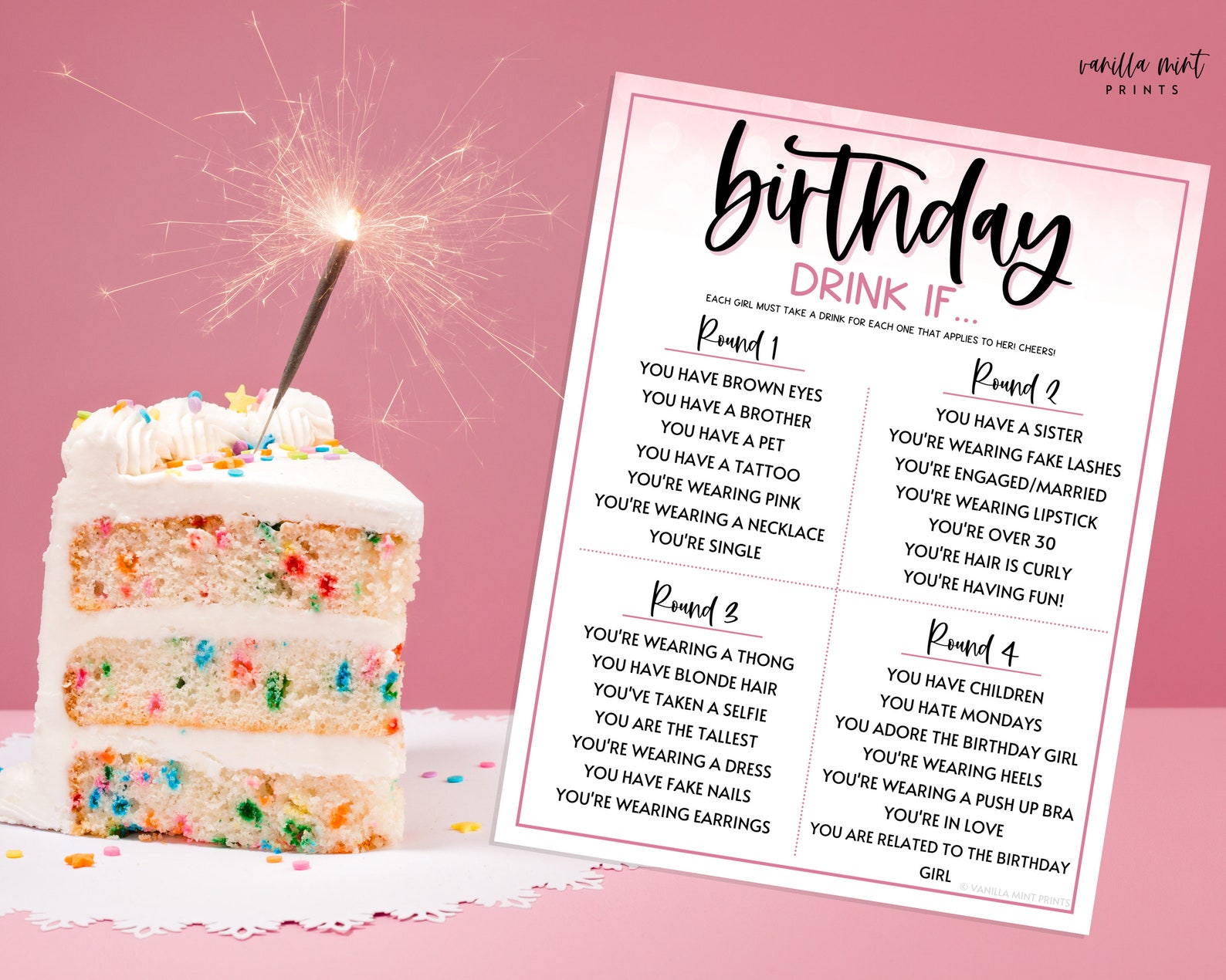 PINK Adult Birthday Party Games Birthday Drink If Party Game - Etsy