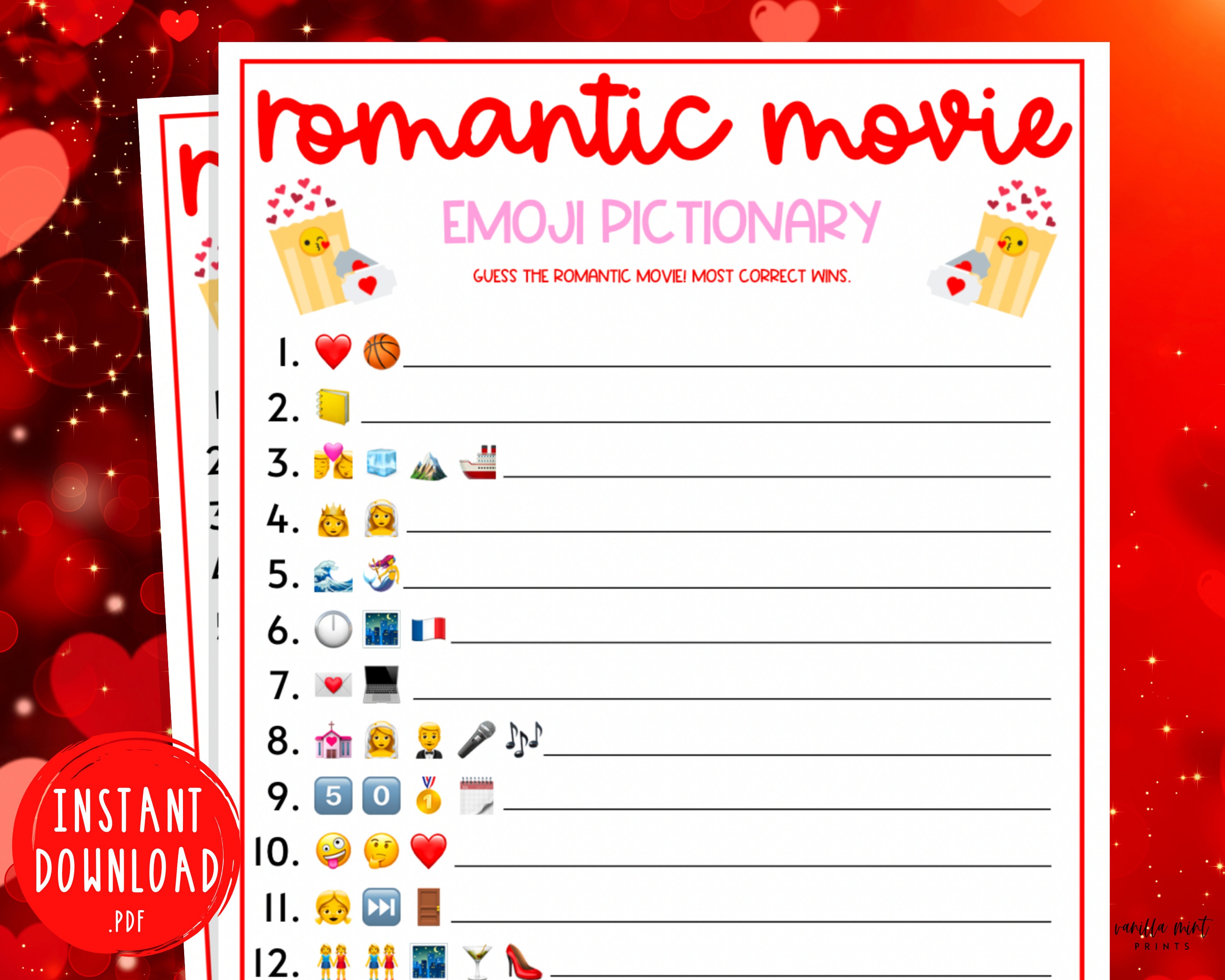 Valentine's Day Romantic Movie Emoji Pictionary Game Fun | Etsy