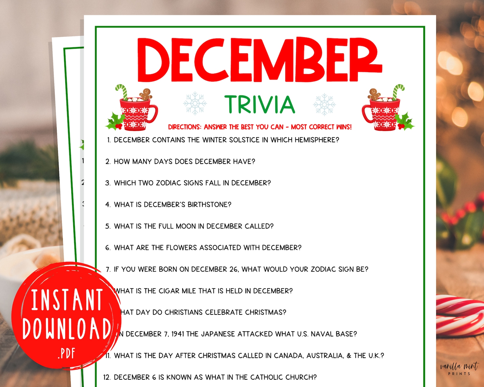December Trivia Game Printable Month Party Games - Etsy