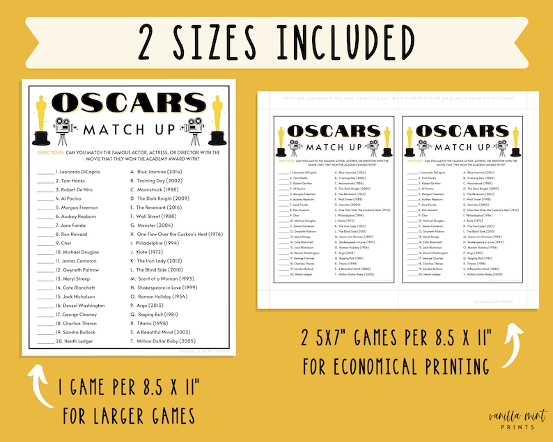 Oscars Match up Trivia Game 94th Academy Awards Party Games | Etsy