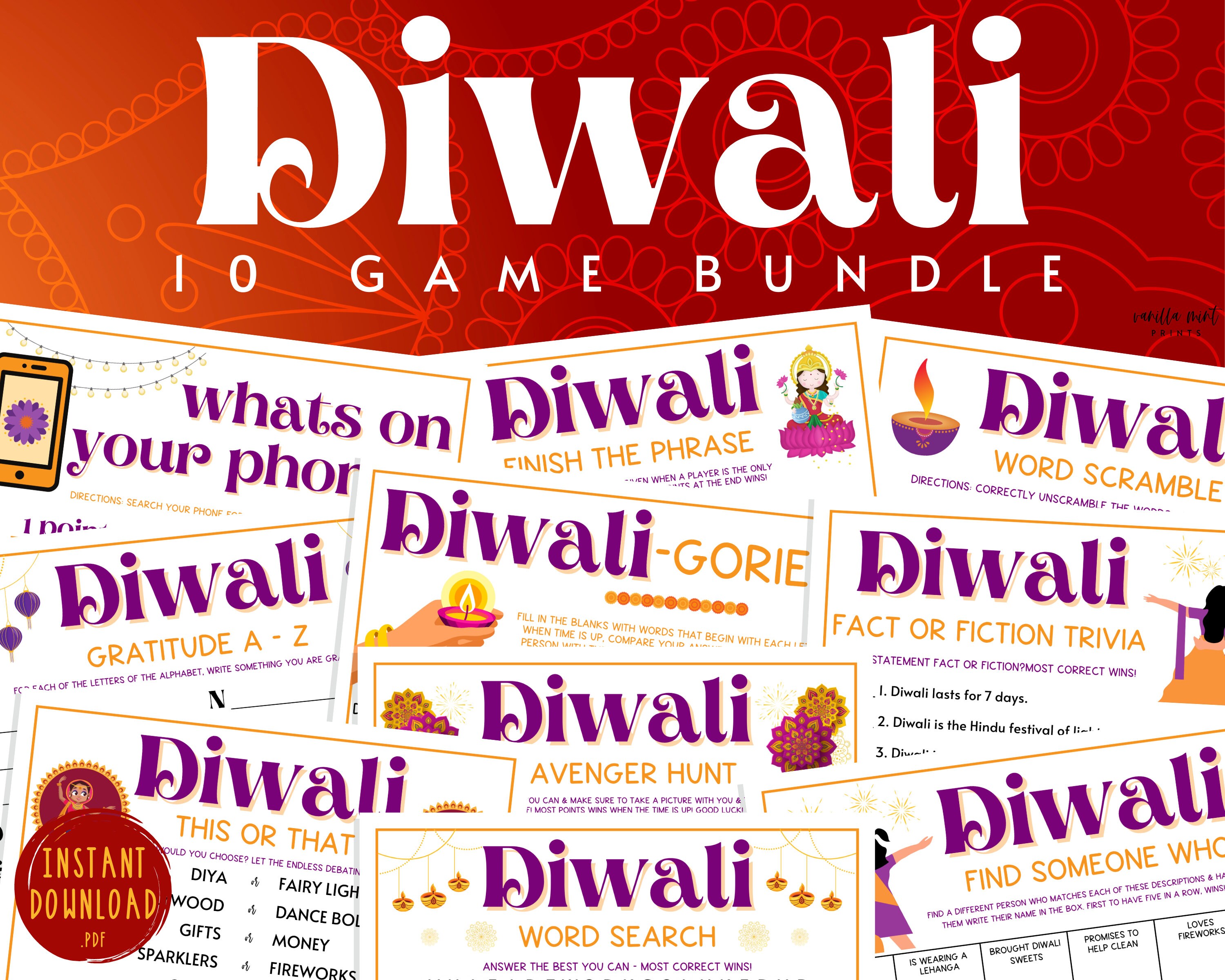 Diwali 10 Game BUNDLE Printable Festival of Lights Party - Etsy
