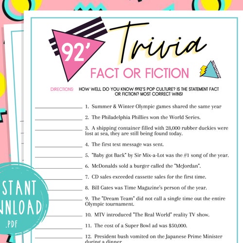 1992 Trivia 90s Pop Culture Trivia Fact or Fiction 30th - Etsy