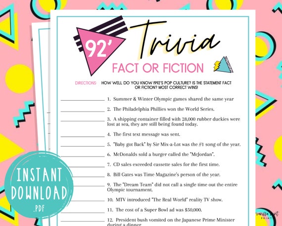 1992 Trivia 90s Pop Culture Trivia Fact or Fiction 30th | Etsy