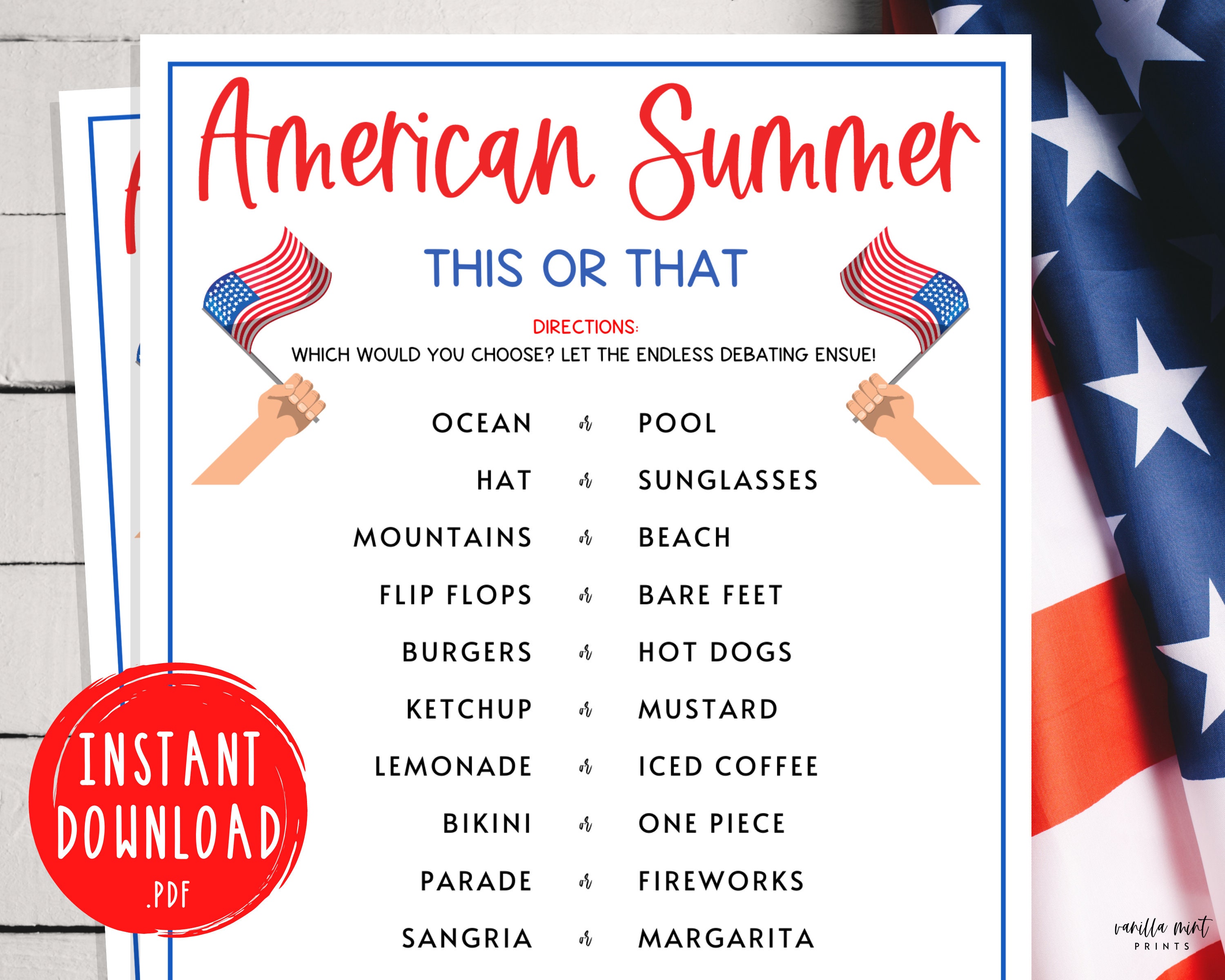 American Summer This or That Game Fourth of July Printable - Etsy