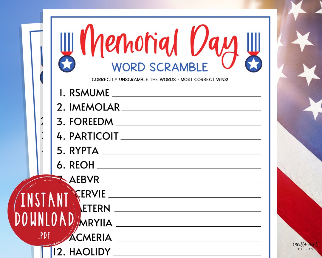 Memorial Day Word Scramble Match up Game | Printable Memorial Day Party ...
