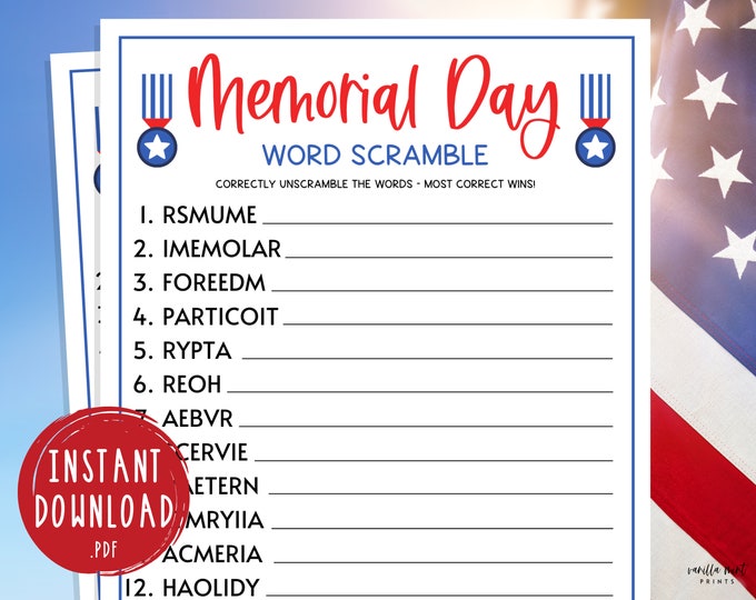Memorial Day Word Scramble Match up Game Printable Memorial - Etsy
