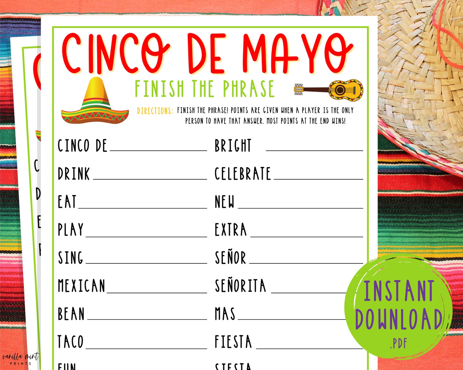 Cinco de Mayo Finish The Phrase Game Word Game Mexican | Etsy