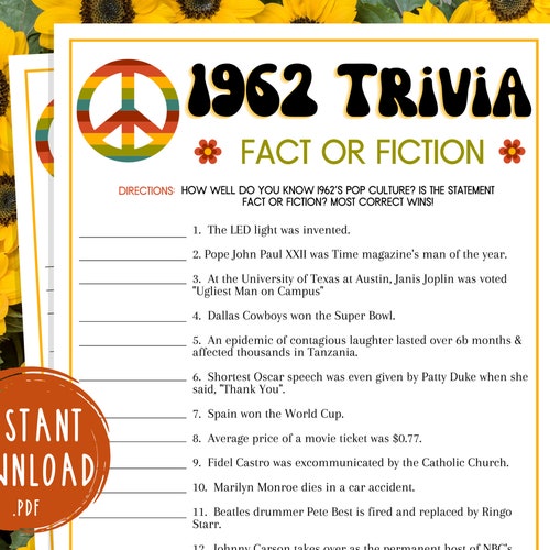 1962 Trivia 60s Pop Culture Trivia Fact or Fiction 60th - Etsy