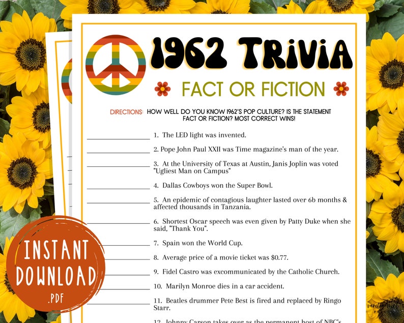1962 Trivia 60s Pop Culture Trivia Fact or Fiction 60th - Etsy
