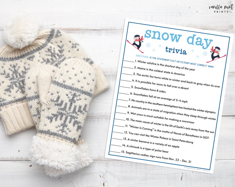 Snow Day Trivia Game Fun Printable Winter Game Wintertime - Etsy
