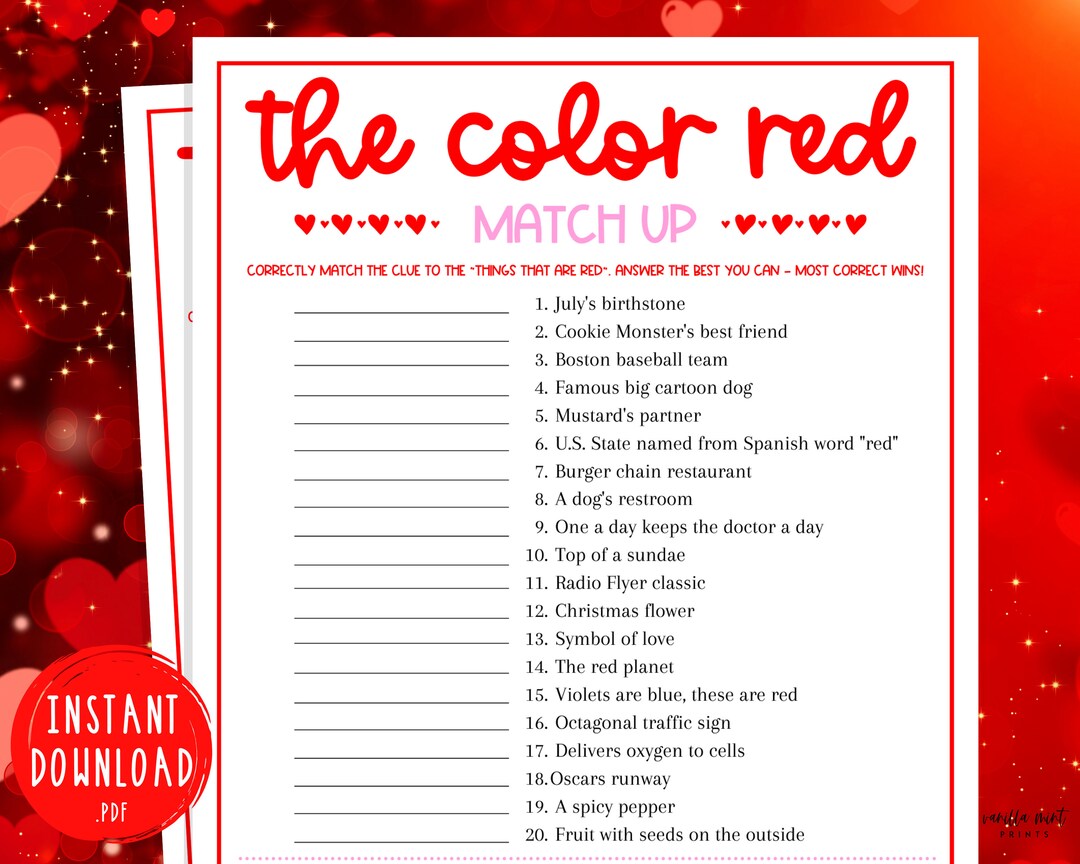 Valentine's Day the Color Red Game Valentine Printable Games Fun ...