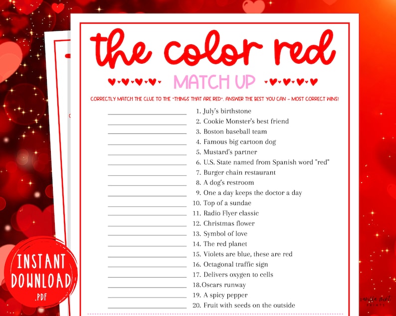 Valentine's Day the Color Red Game Valentine Printable - Etsy