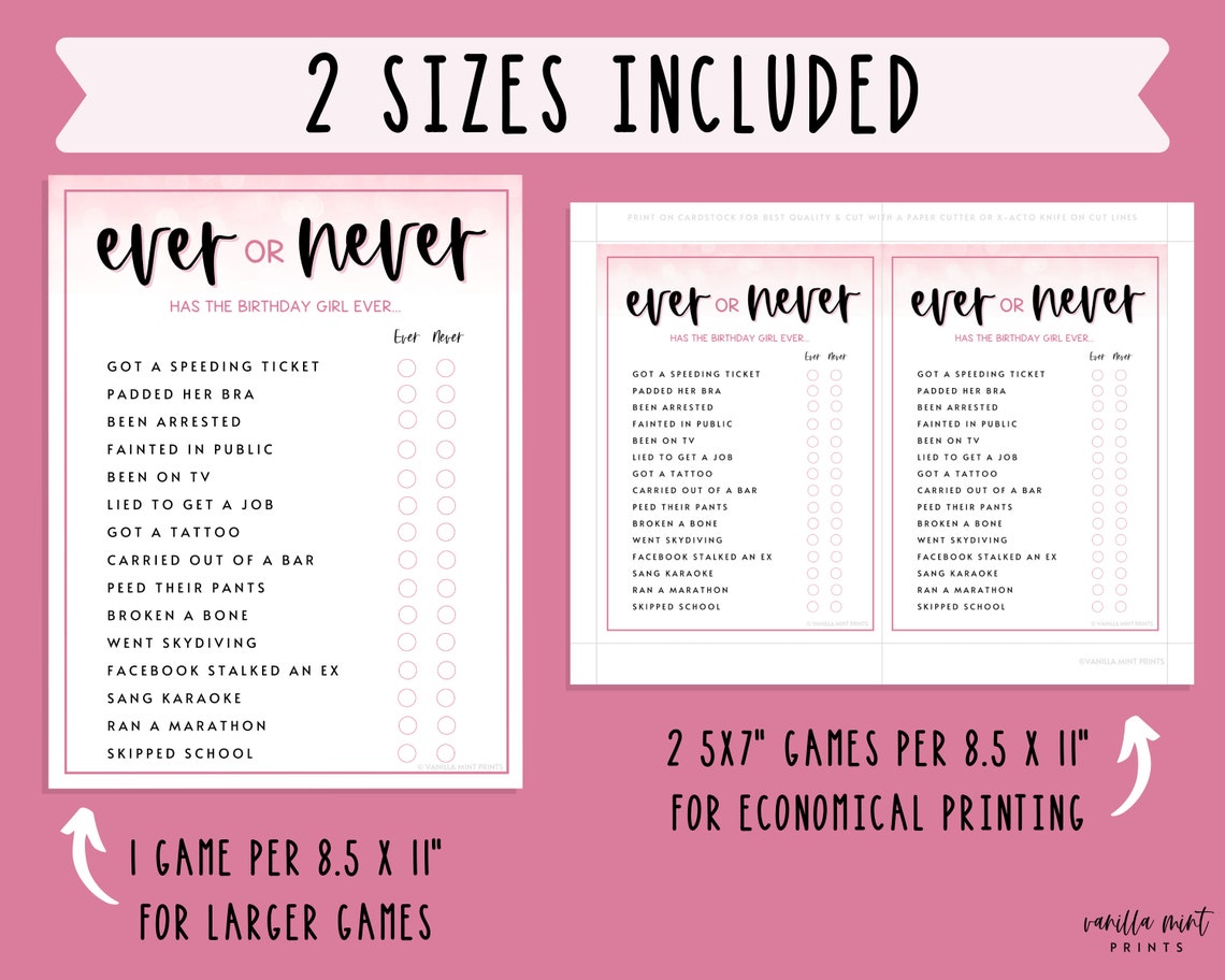 PINK Adult Birthday Party Games Ever or Never Birthday Party - Etsy