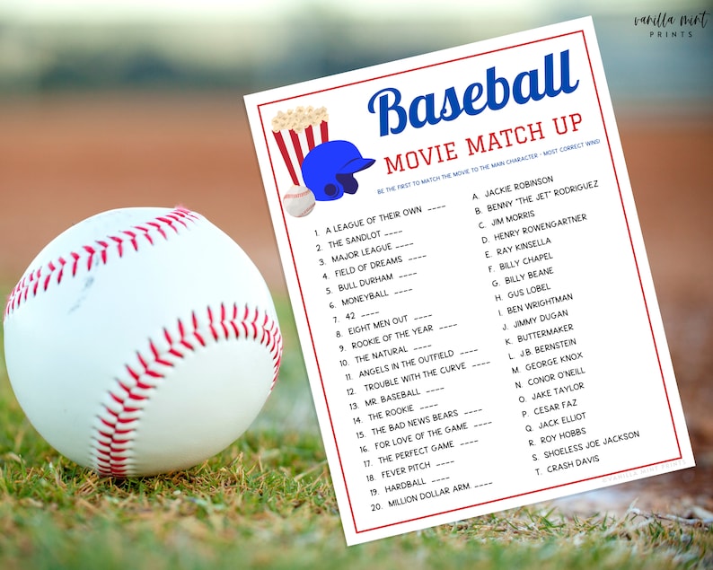 Baseball Movie Match up Trivia Game Printable Baseball Team - Etsy
