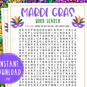 Mardi Gras Word Search Fat Tuesday Party Games Carnival | Etsy