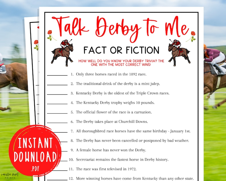 Kentucky Derby Talk Derby to Me Trivia Game | Triple Crown Party Game ...