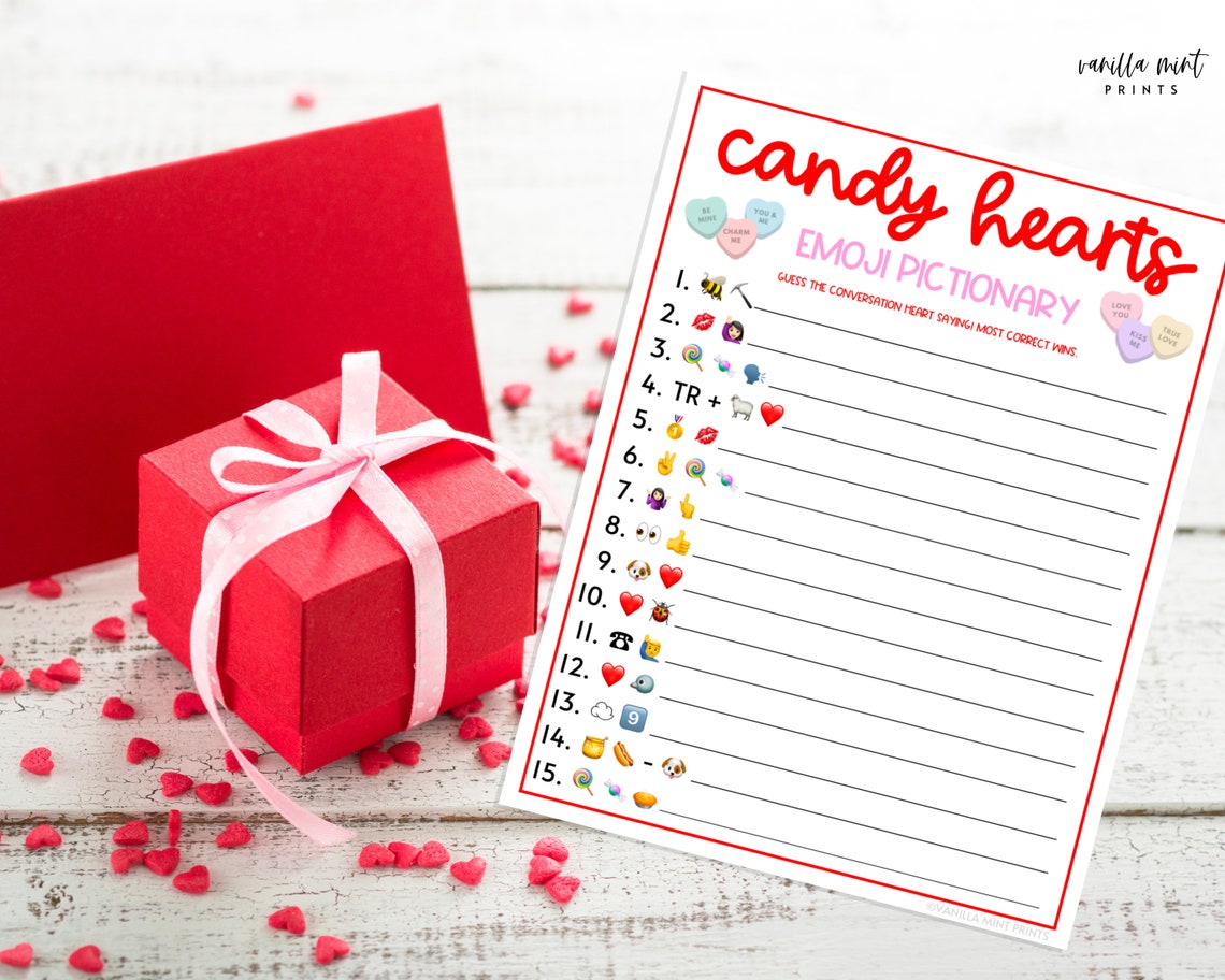 Valentine's Day Candy Hearts Emoji Pictionary Game Fun | Etsy