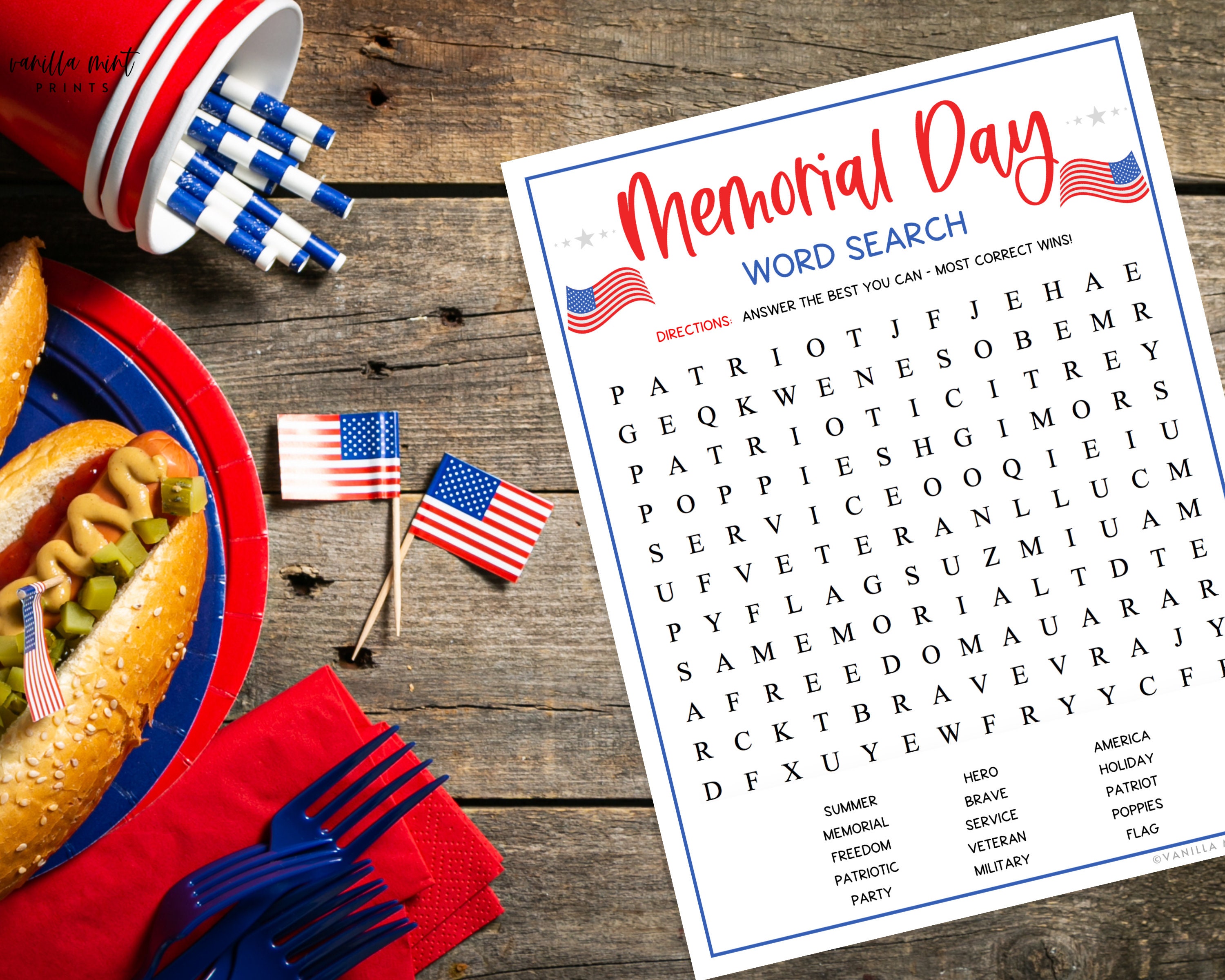 Memorial Day Word Search Game Printable Memorial Day Party - Etsy