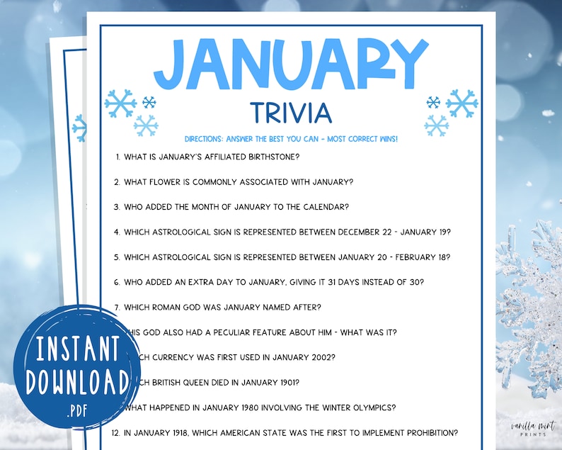January Trivia Game Printable Month Party Games Wintertime - Etsy
