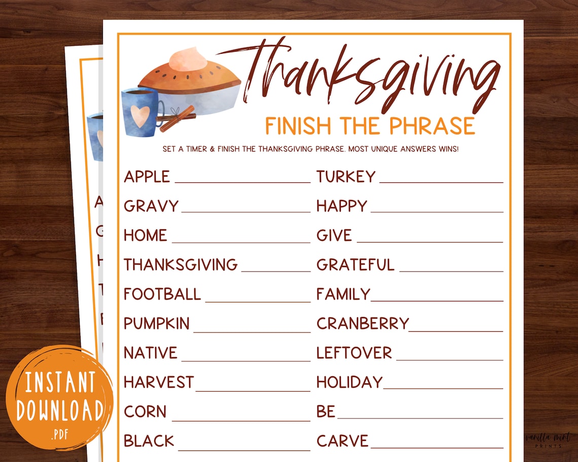 Thanksgiving Finish That Phrase Game Finish the Phrase Game | Etsy