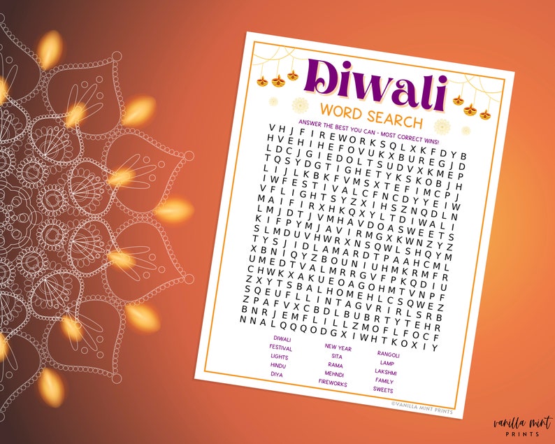 Diwali Word Search Printable Festival of Lights Party Games - Etsy