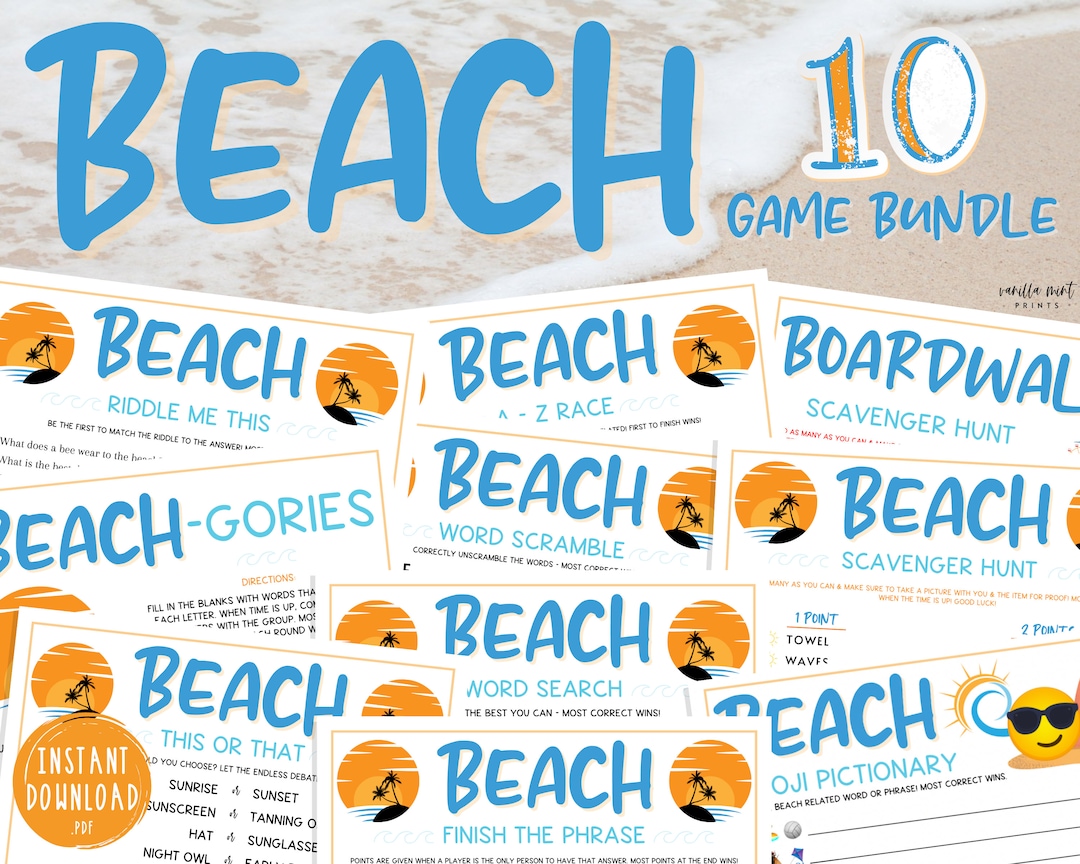 Beach 10 Game BUNDLE Ten Printable Summertime Games Fun Beach Vacation ...