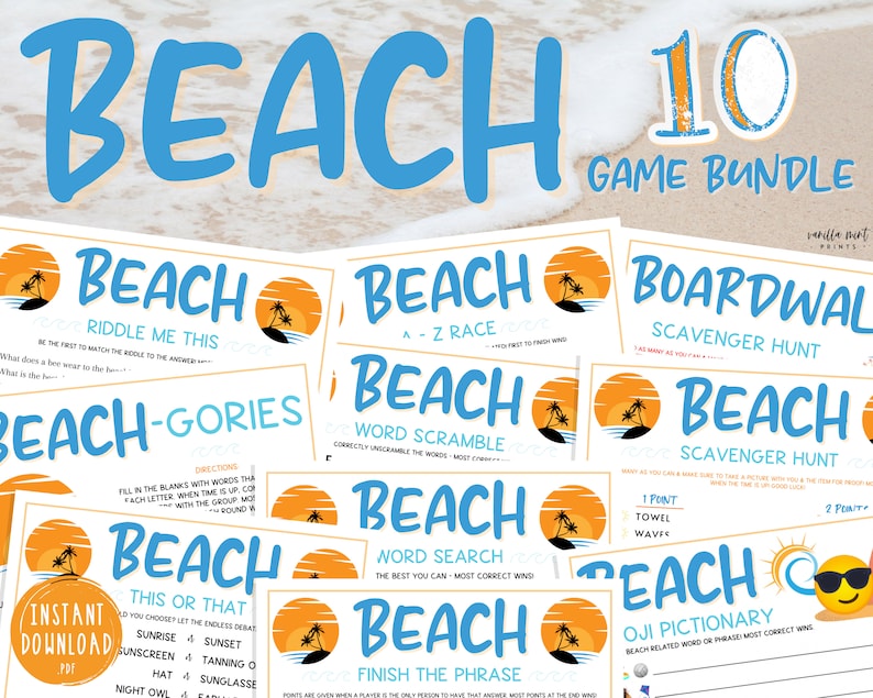 Beach 10 Game BUNDLE Ten Printable Summertime Games Fun - Etsy