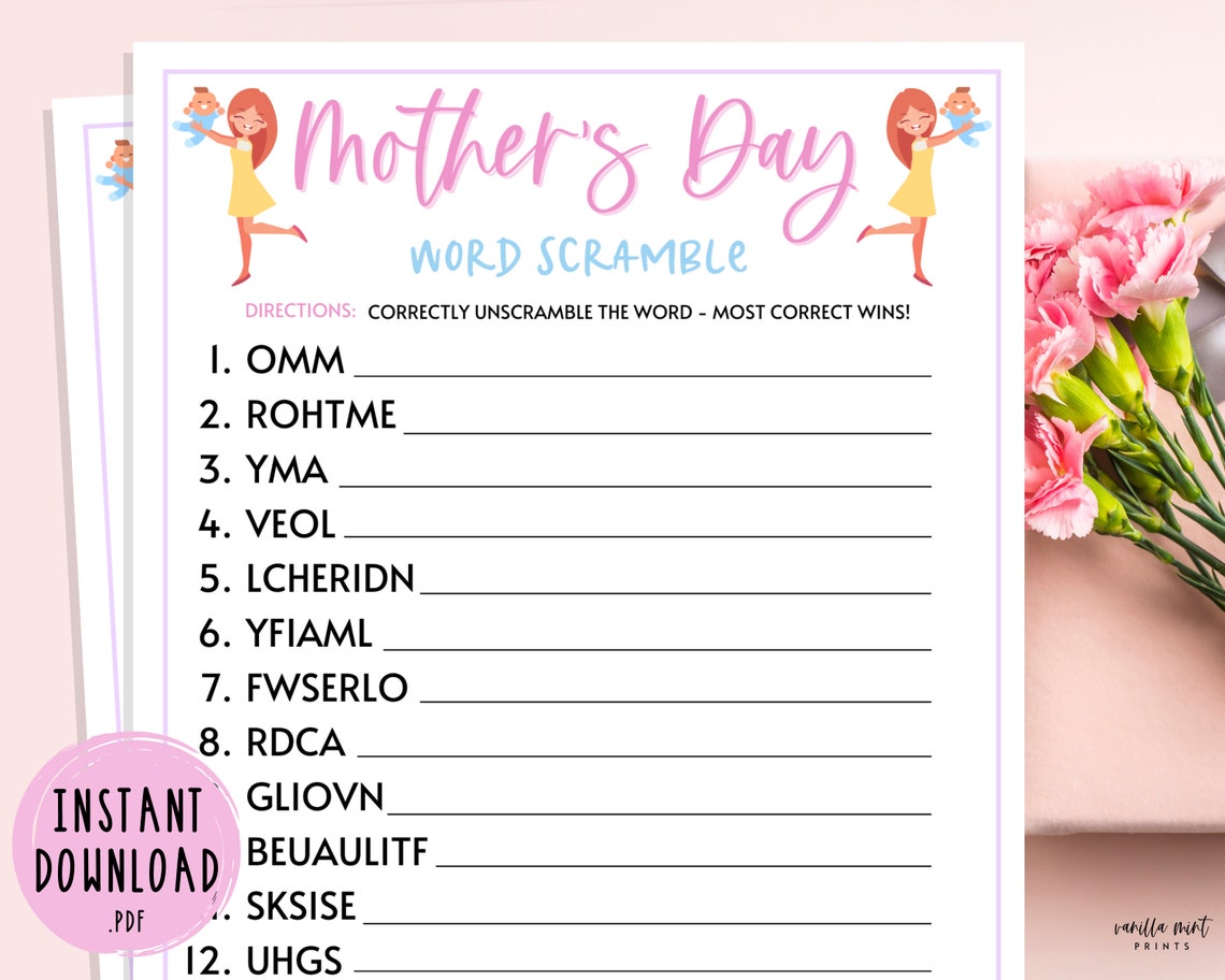 Mother's Day Word Scramble Game Mothers Day Trivia Games | Etsy