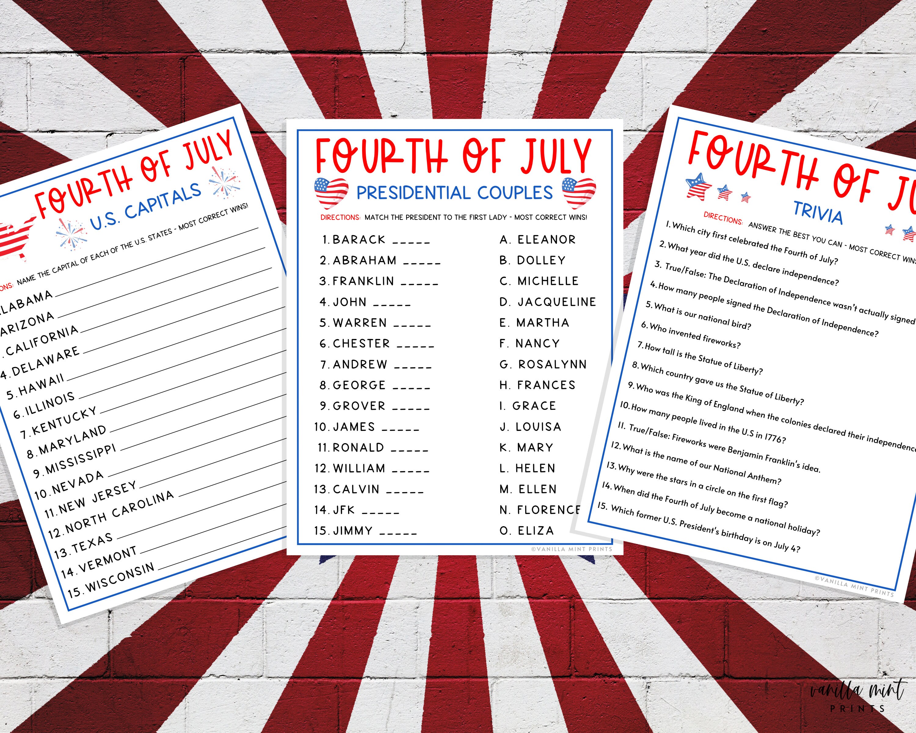 Fourth of July 5 Party Games TRIVIA BUNDLE 4th of July - Etsy