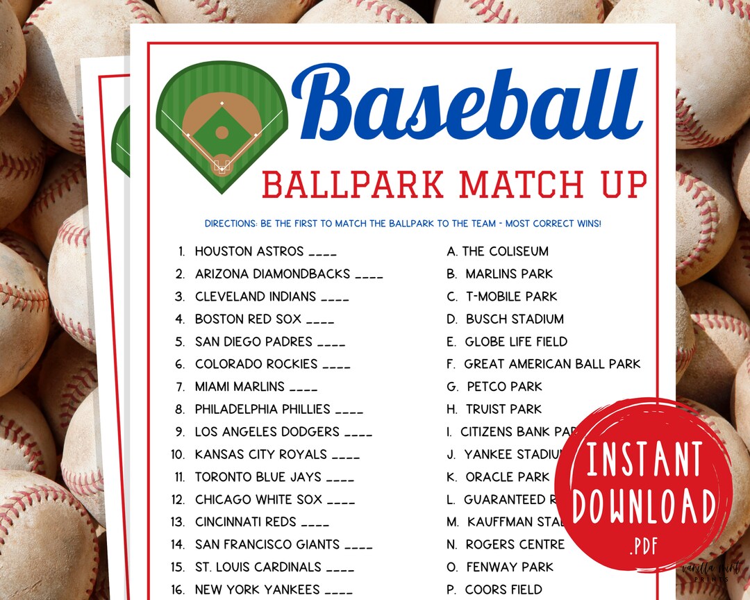 Baseball Ballpark Match up Trivia Game | Printable Baseball Team Party ...