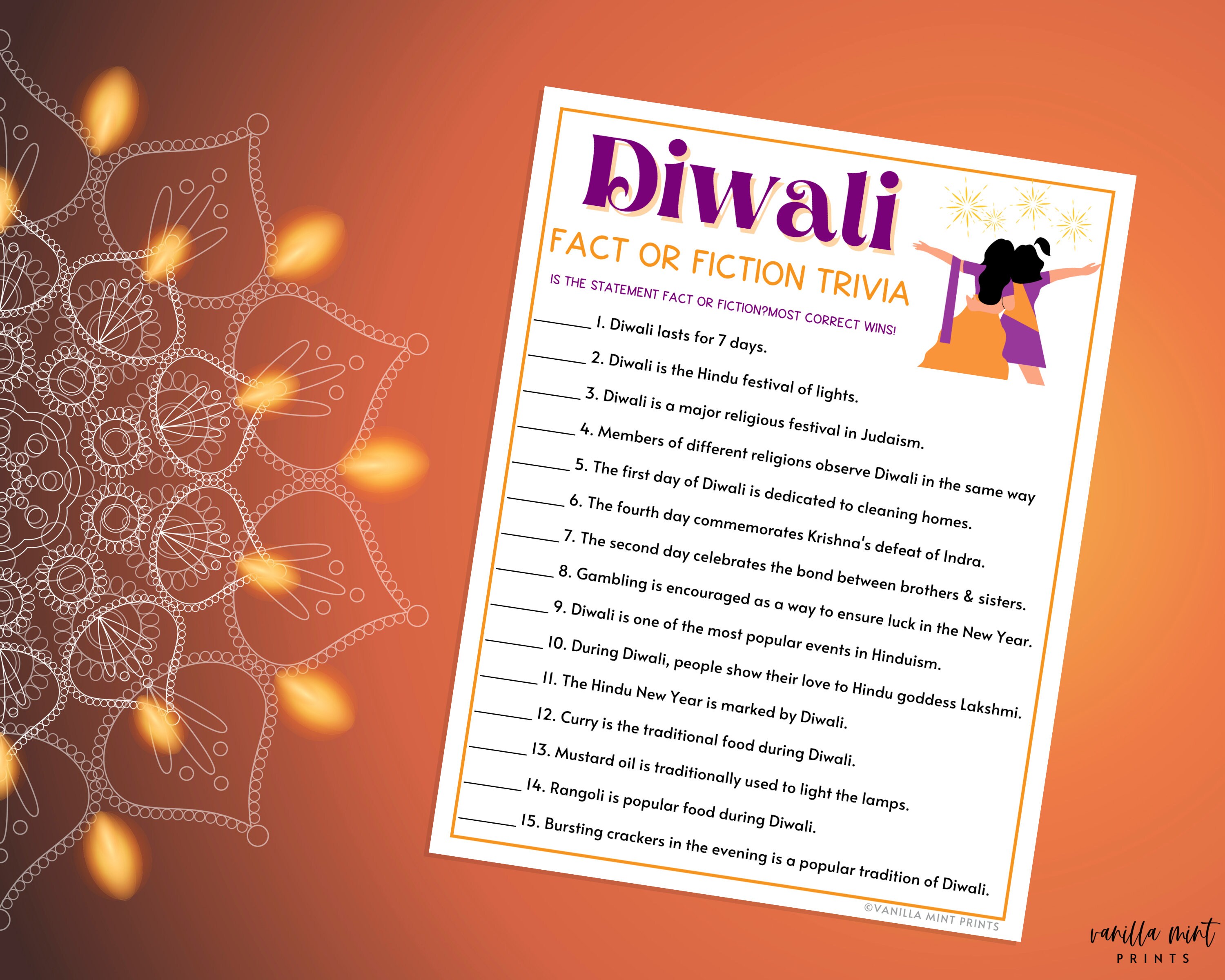 Diwali Fact or Fiction Trivia Game Printable Festival of - Etsy Australia
