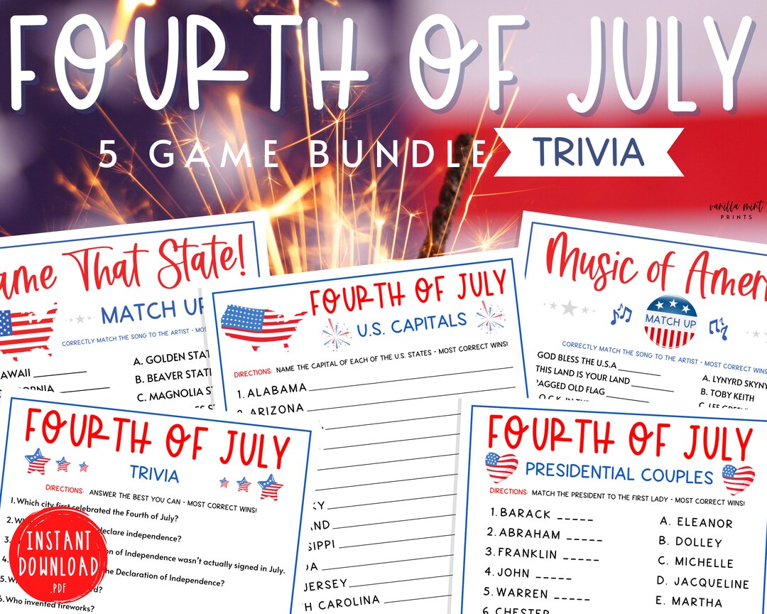 Fourth of July 5 Party Games TRIVIA BUNDLE | 4th of July Printable Game ...