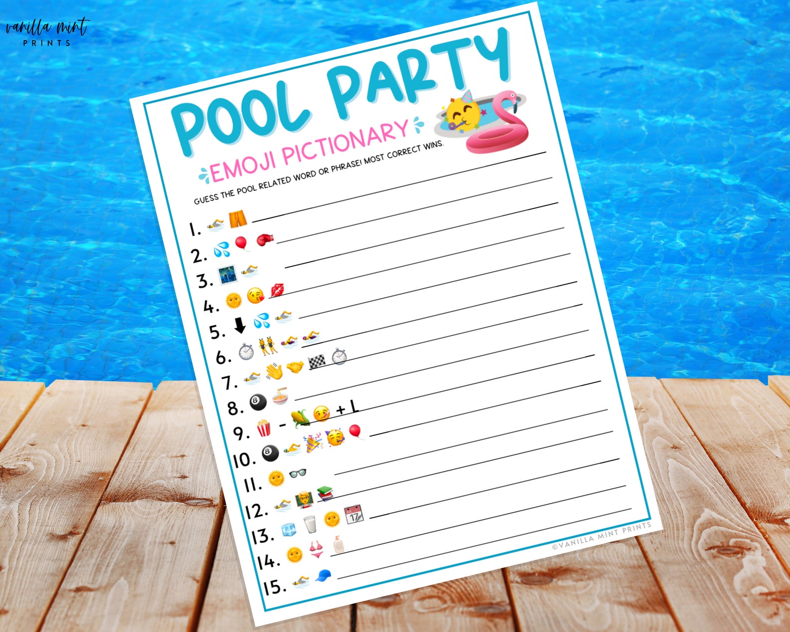 Pool Party Emoji Pictionary Game Fun Printable Summertime Party Games ...