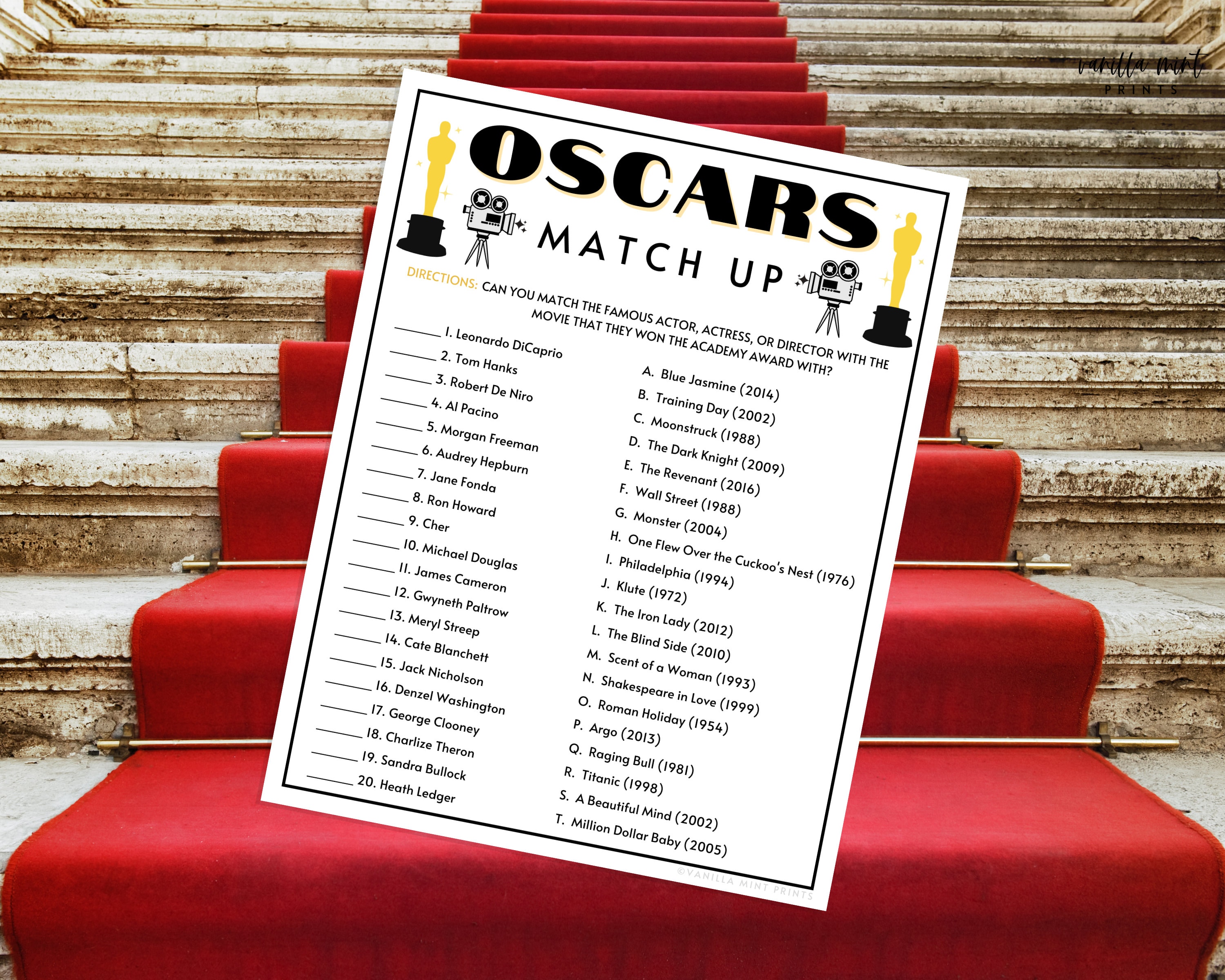 Oscars Match up Trivia Game 94th Academy Awards Party Games | Etsy