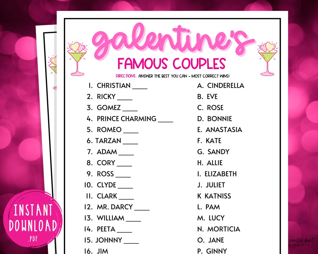 Galentine's Day Famous Couples Match Game Fun Party Games Girls Night ...